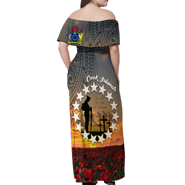 Cook Islands ANZAC Day Off Shoulder Maxi Dress Lest We Forget LT05
