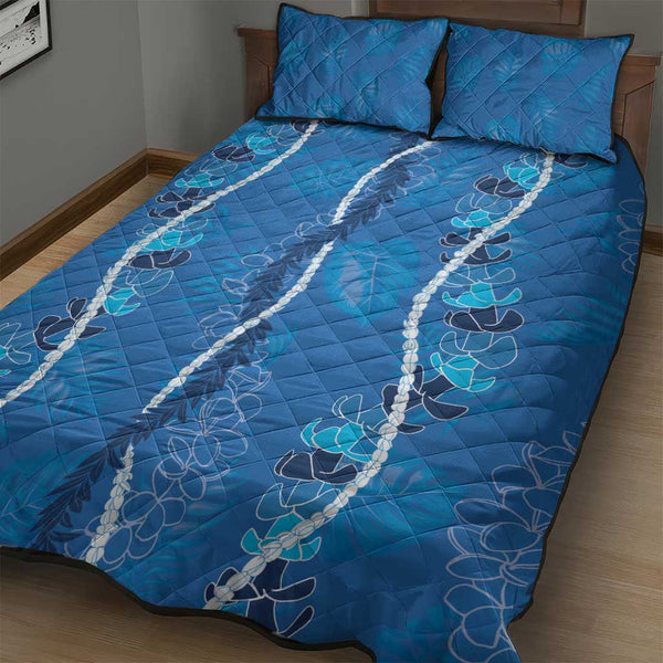 Hawaii Maile Lei Quilt Bed Set With Blue Monstera Pattern LT05