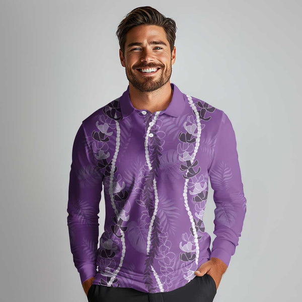 Hawaii Maile Lei Long Sleeve Polo Shirt With Violet Monstera Pattern LT05