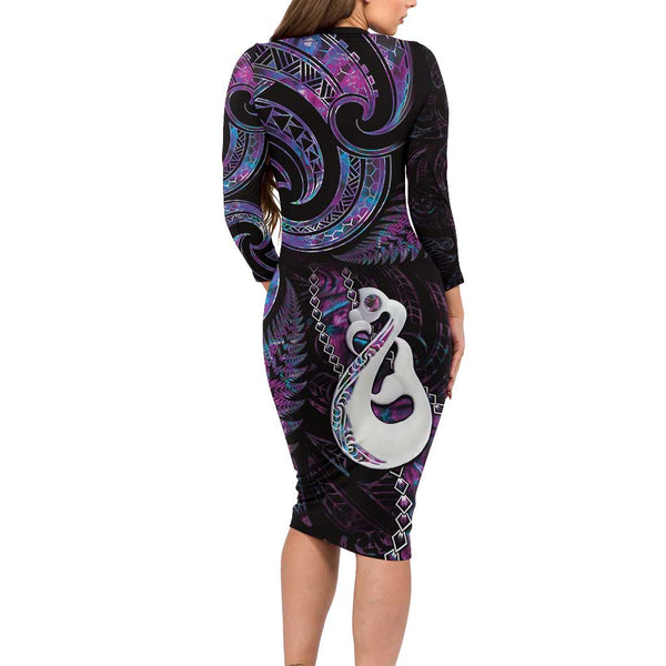 New Zealand Aotearoa Long Sleeve Bodycon Dress Maori Manaia Paua Shell ...