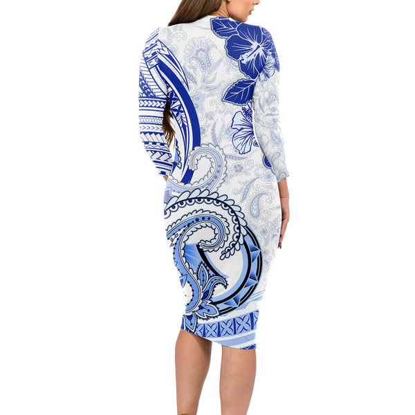 Polynesia Paisley Long Sleeve Bodycon Dress Mix Navy Polynesian Pattern ...