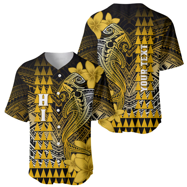 Personalized Hawaii Baseball Jersey Hammerhead Shark Kakau Polynesian Tribal Gold LT05
