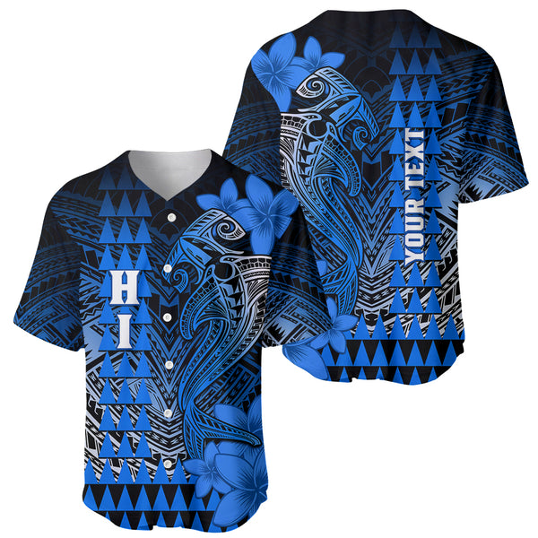 Personalized Hawaii Baseball Jersey Hammerhead Shark Kakau Polynesian Tribal Blue LT05