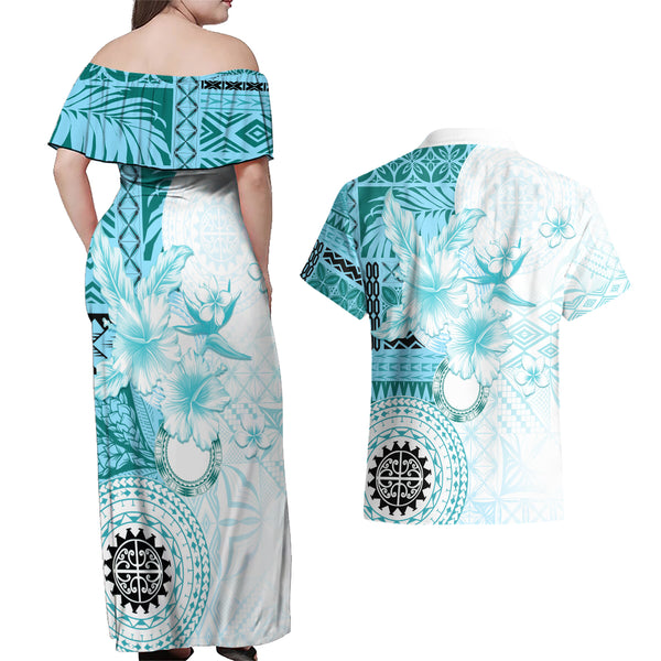 Samoa Siapo Pattern With Teal Hibiscus Couples Matching Off Shoulder ...
