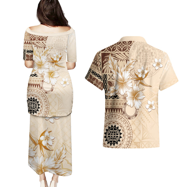 Samoa Siapo Pattern With Beige Hibiscus Couples Matching Puletasi and ...