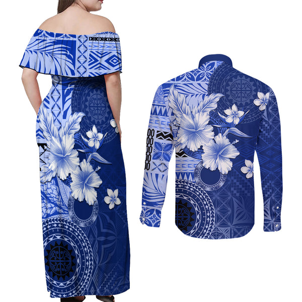Samoa Siapo Pattern With Navy Hibiscus Couples Matching Off Shoulder ...