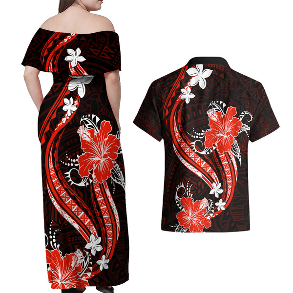 Red Polynesian Pattern With Tropical Flowers Couples Matching Off ...