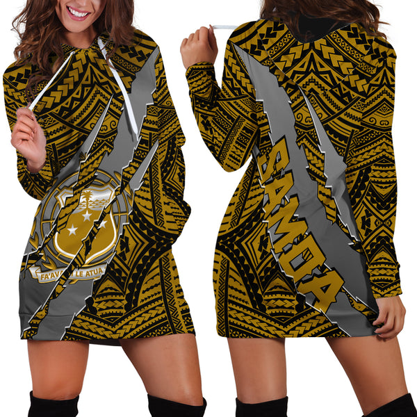 Polynesian Samoa Hoodie Dress with Coat Of Arms Claws Style - Gold LT6