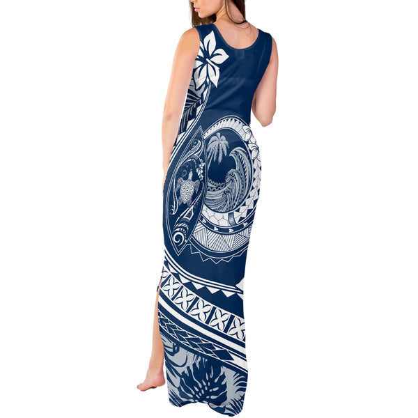 Polynesian Plumeria Tank Maxi Dress Ride The Waves - Navy Blue LT7