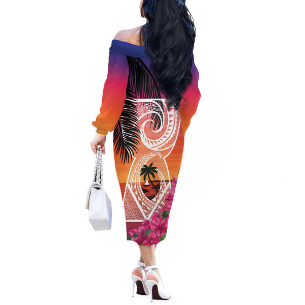 Guam Chamorro Off The Shoulder Long Sleeve Dress Artsy Latte Stone LT7