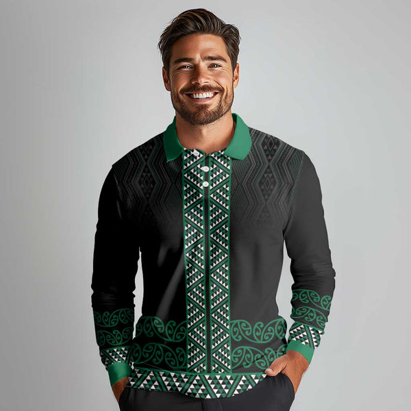 Maori Taniko Patterns Long Sleeve Polo Shirt Pounamu Niho Taniwha Mix ...