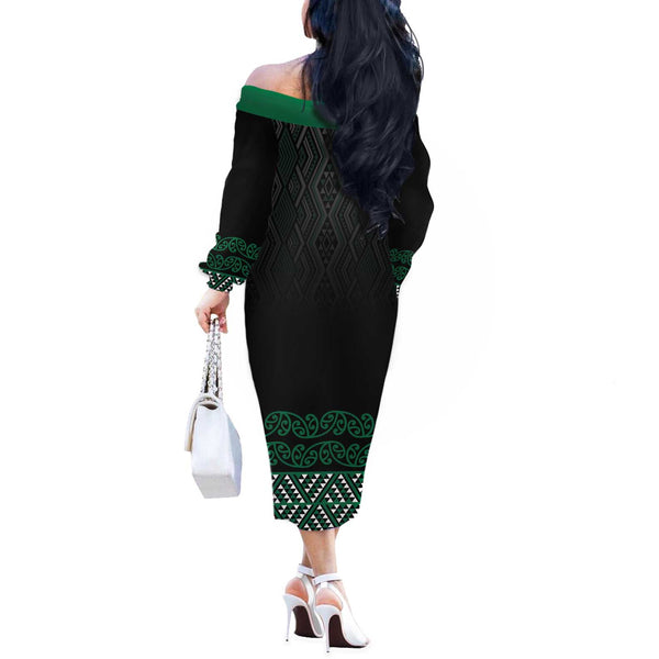 Maori Taniko Patterns Off The Shoulder Long Sleeve Dress Pounamu Niho ...