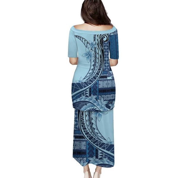 Samoa Siapo Mamanu Puletasi Plumeria Navy Blue Motifs LT7