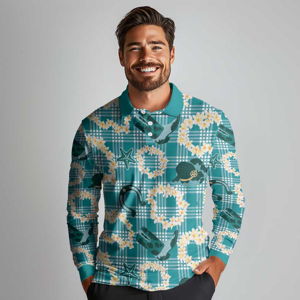 Aloha Hawaii Paniolo Teal Palaka Long Sleeve Polo Shirt Coastal Rodeo LT7