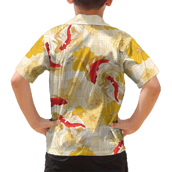 Beige Palaka Hawaii Aloha Kid Hawaiian Shirt Koi Pond Mix Ilima Flowers LT7