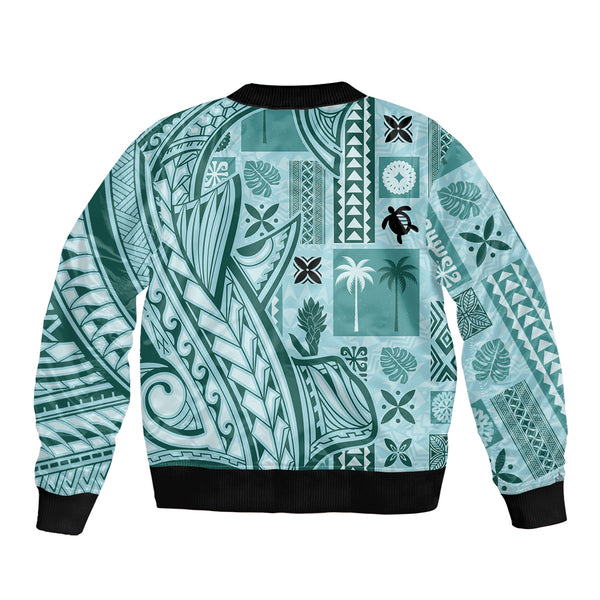 Samoa Tapa Bomber Jacket Siapo Mix Tatau Patterns - Teal LT7