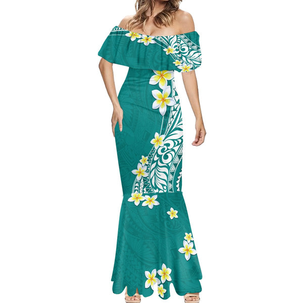Hawaii Aloha Mermaid Dress Plumeria Vintage - Teal LT7