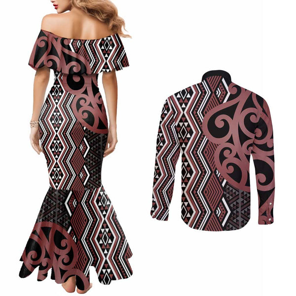 Maori Taniko Patterns Couples Matching Mermaid Dress and Long Sleeve ...