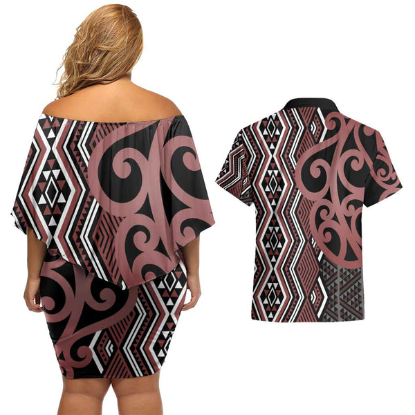 Maori Taniko Patterns Couples Matching Off Shoulder Short Dress and ...