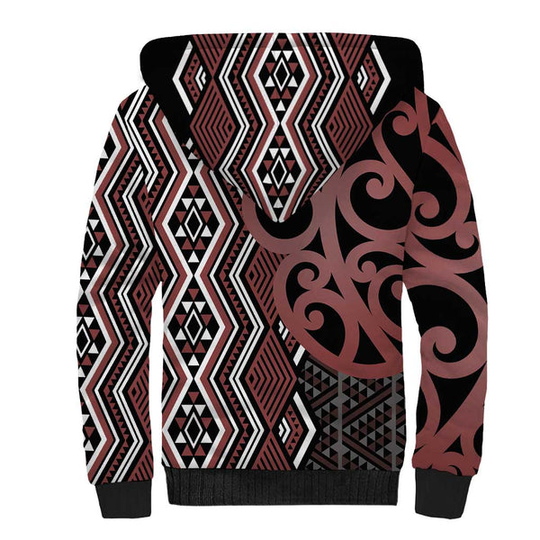 Maori Taniko Patterns Sherpa Hoodie Brown Patiki Motifs Mix Whakairo ...