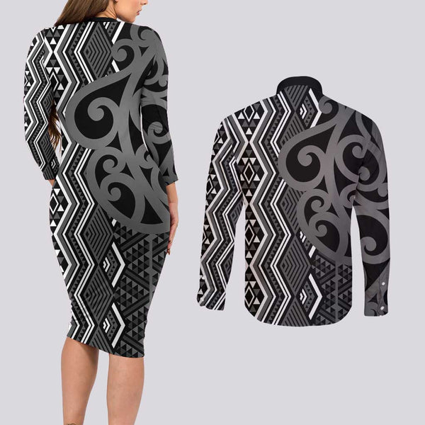 Maori Taniko Patterns Couples Matching Long Sleeve Bodycon Dress and ...