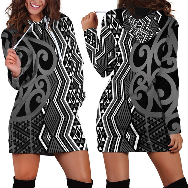 Maori Taniko Patterns Hoodie Dress Black Patiki Motifs Mix Whakairo ...