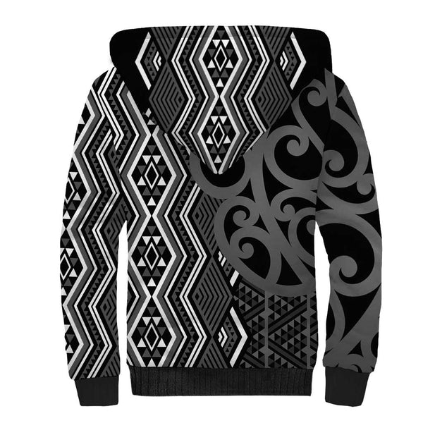 Maori Taniko Patterns Sherpa Hoodie Black Patiki Motifs Mix Whakairo ...