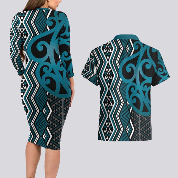 Maori Taniko Patterns Couples Matching Long Sleeve Bodycon Dress and ...