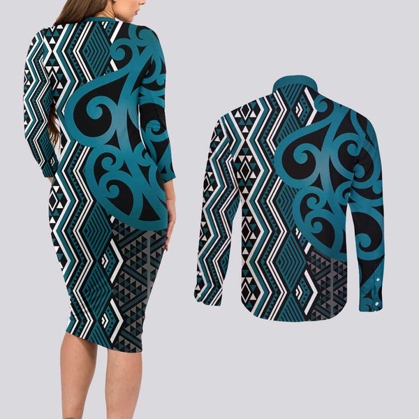 Maori Taniko Patterns Couples Matching Long Sleeve Bodycon Dress and ...