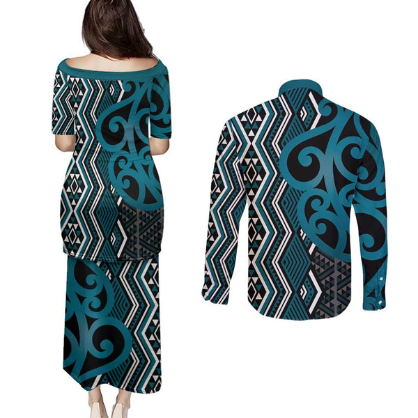 Maori Taniko Patterns Couples Matching Puletasi and Long Sleeve Button ...
