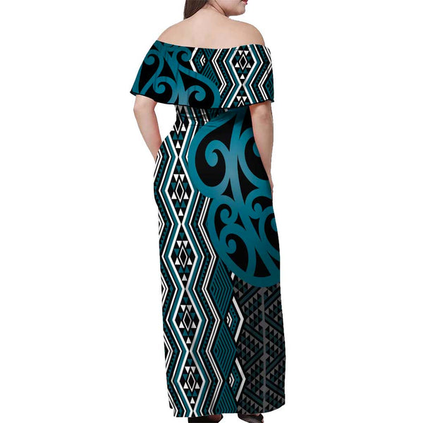 Maori Taniko Patterns Off Shoulder Maxi Dress Azure Patiki Motifs Mix ...