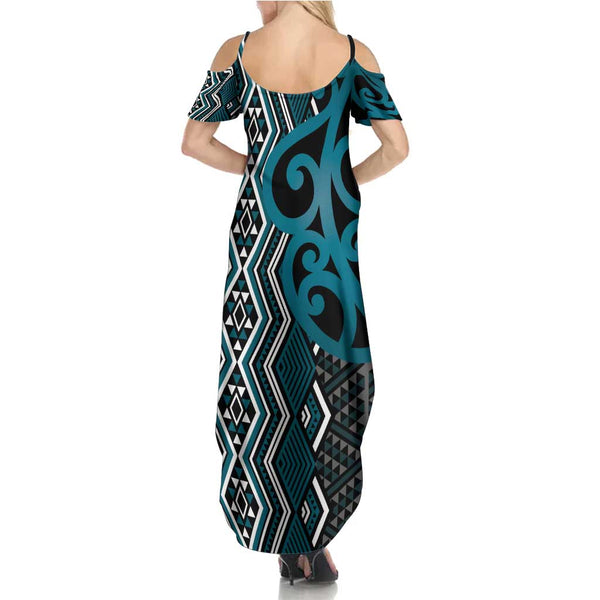 Maori Taniko Patterns Summer Maxi Dress Azure Patiki Motifs Mix ...