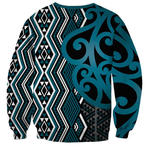 Maori Taniko Patterns Sweatshirt Azure Patiki Motifs Mix Whakairo Ngaru LT7