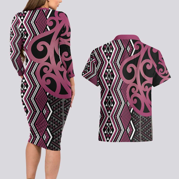 Maori Taniko Patterns Couples Matching Long Sleeve Bodycon Dress and ...