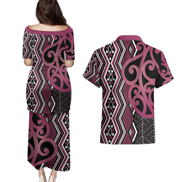 Maori Taniko Patterns Couples Matching Puletasi and Hawaiian Shirt Pink ...