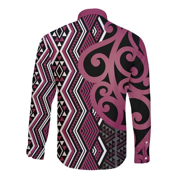 Maori Taniko Patterns Long Sleeve Button Shirt Pink Patiki Motifs Mix ...