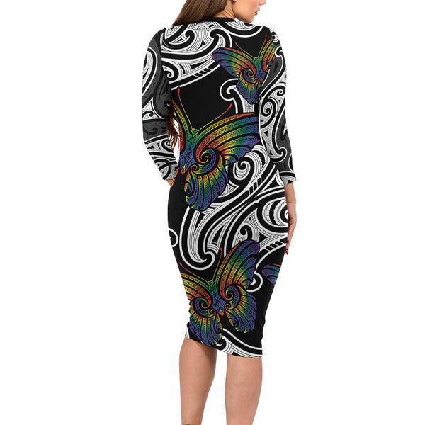 Aotearoa Takatapui Pride Long Sleeve Bodycon Dress Rainbow Butterfly ...