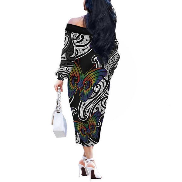 Aotearoa Takatapui Pride Off The Shoulder Long Sleeve Dress Rainbow ...