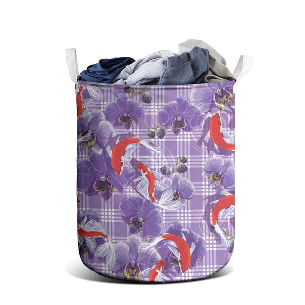 Lavender Palaka Hawaii Aloha Laundry Basket Koi Pond Mix Orchids LT7