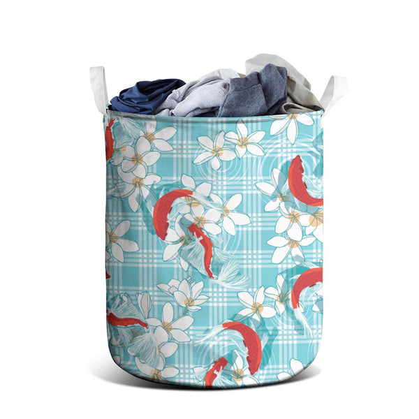 Turquoise Palaka Hawaii Aloha Laundry Basket Koi Pond Mix Plumeria LT7