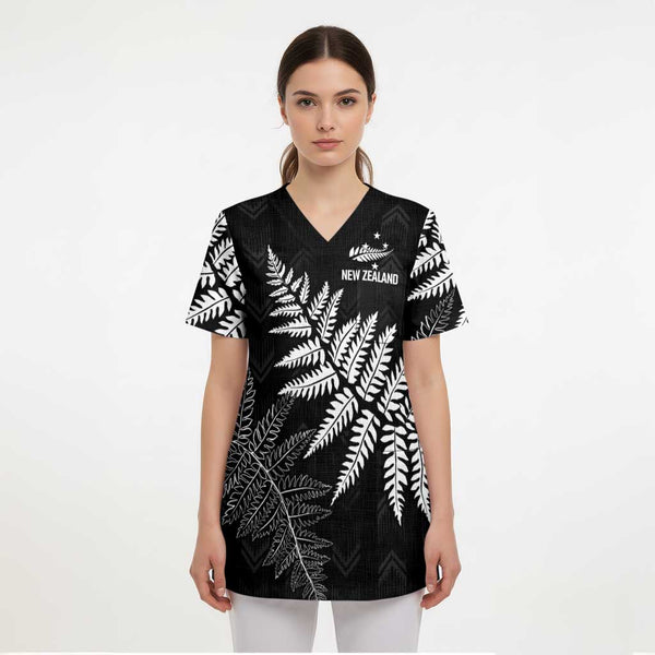 New Zealand Lawn Bowls Personalized Scrub Top Wrap-Around Silver Fern LT7