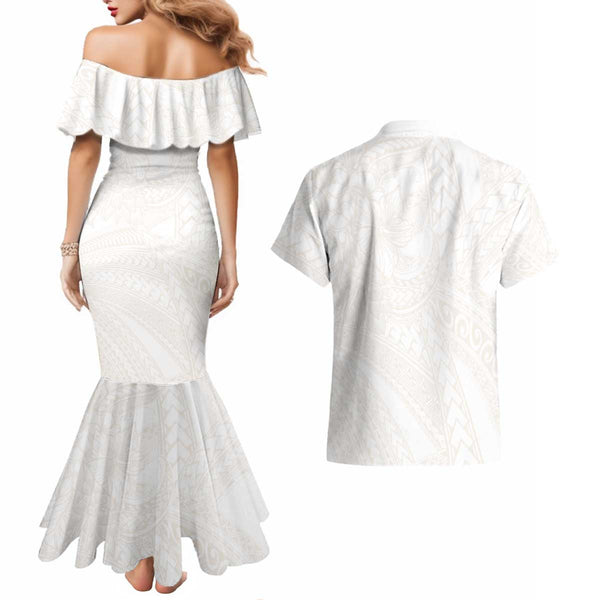 Samoa Lotu Tamaiti Ivory Couples Matching Mermaid Dress and Hawaiian Shirt Teuila Tatau LT7