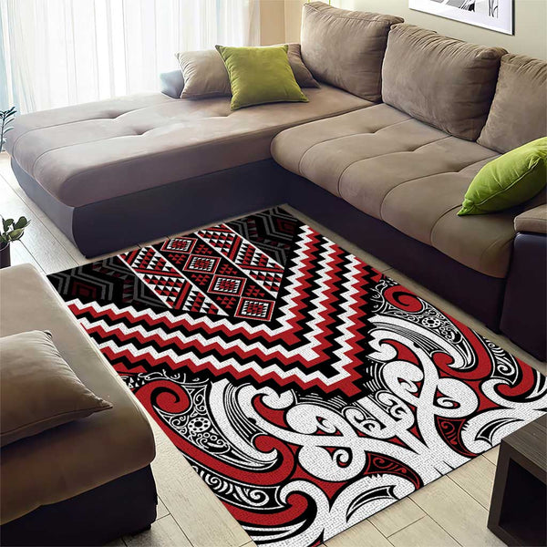 Maori Tukutuku Taniko Motifs Area Rug Red Poutama Mix Kowhaiwhai LT7