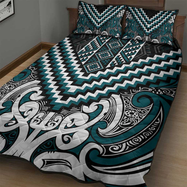 Maori Tukutuku Taniko Motifs Quilt Bed Set Teal Poutama Mix Kowhaiwhai LT7