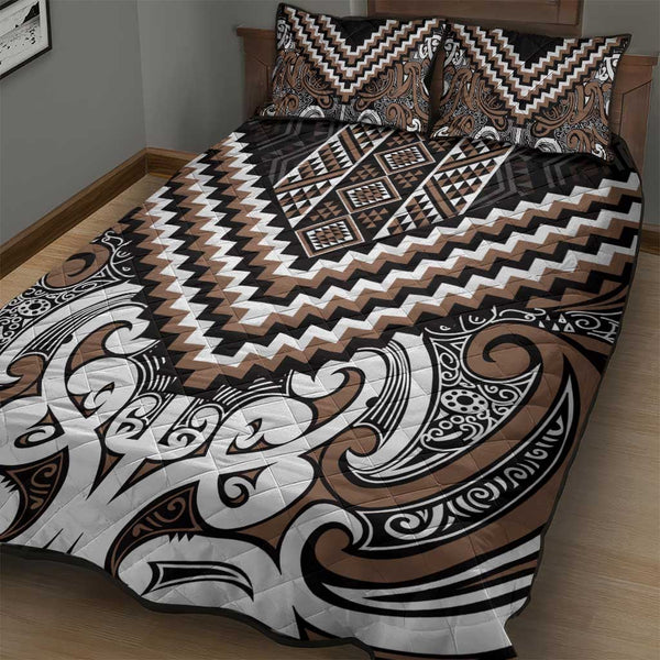 Maori Tukutuku Taniko Motifs Quilt Bed Set Brown Poutama Mix Kowhaiwhai LT7