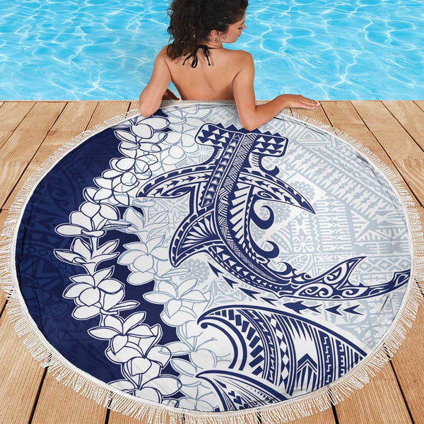 Polynesian Navy Blue Plumeria Lei Beach Blanket with Hammerhead Shark LT7
