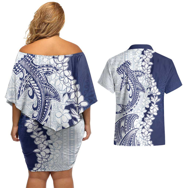 Polynesian Navy Blue Plumeria Lei Couples Matching Off Shoulder Short ...