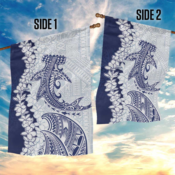 Polynesian Navy Blue Plumeria Lei Garden Flag with Hammerhead Shark LT7
