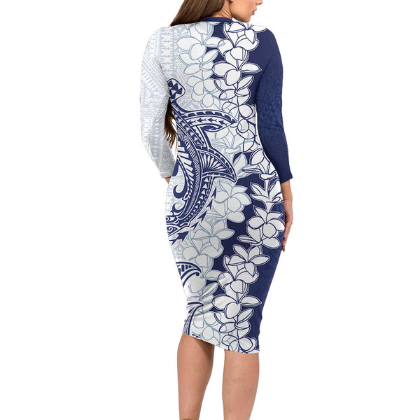 Polynesian Navy Blue Plumeria Lei Long Sleeve Bodycon Dress with ...