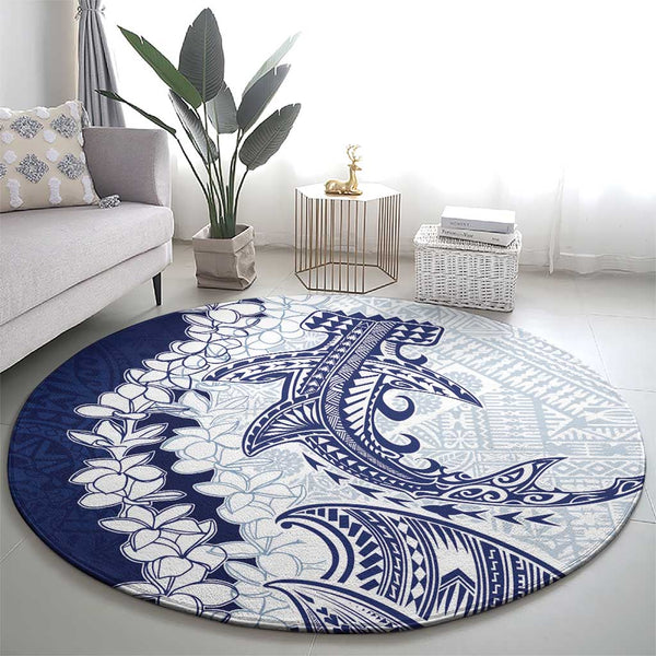 Polynesian Navy Blue Plumeria Lei Round Carpet with Hammerhead Shark LT7